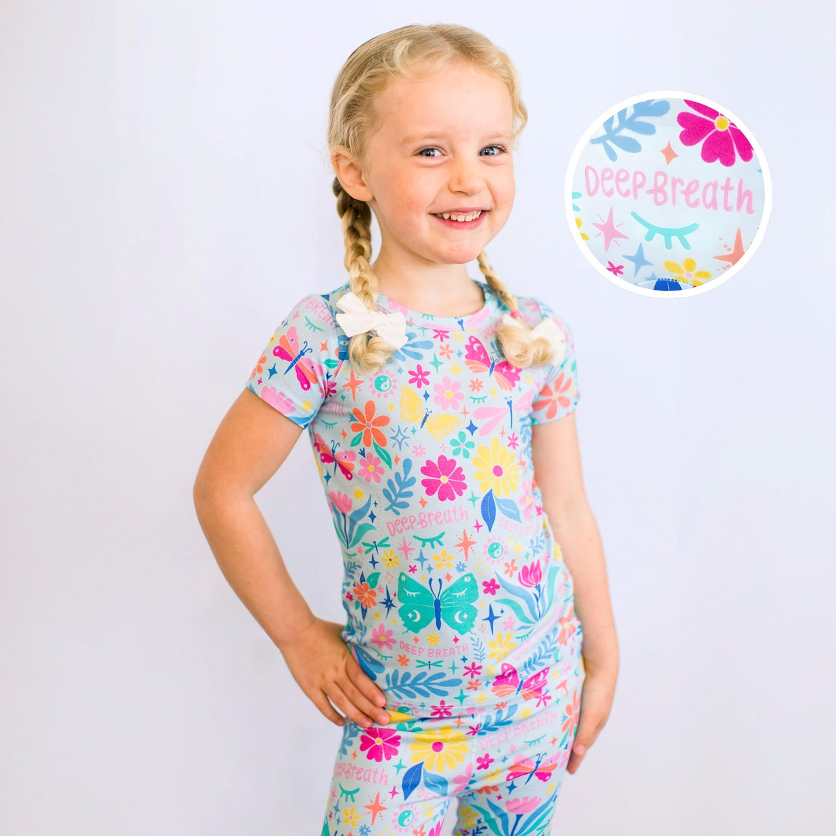 Bamboo Short Sleeve Two Piece Pajama Set - Pink & Blue Butterfly Floral ...