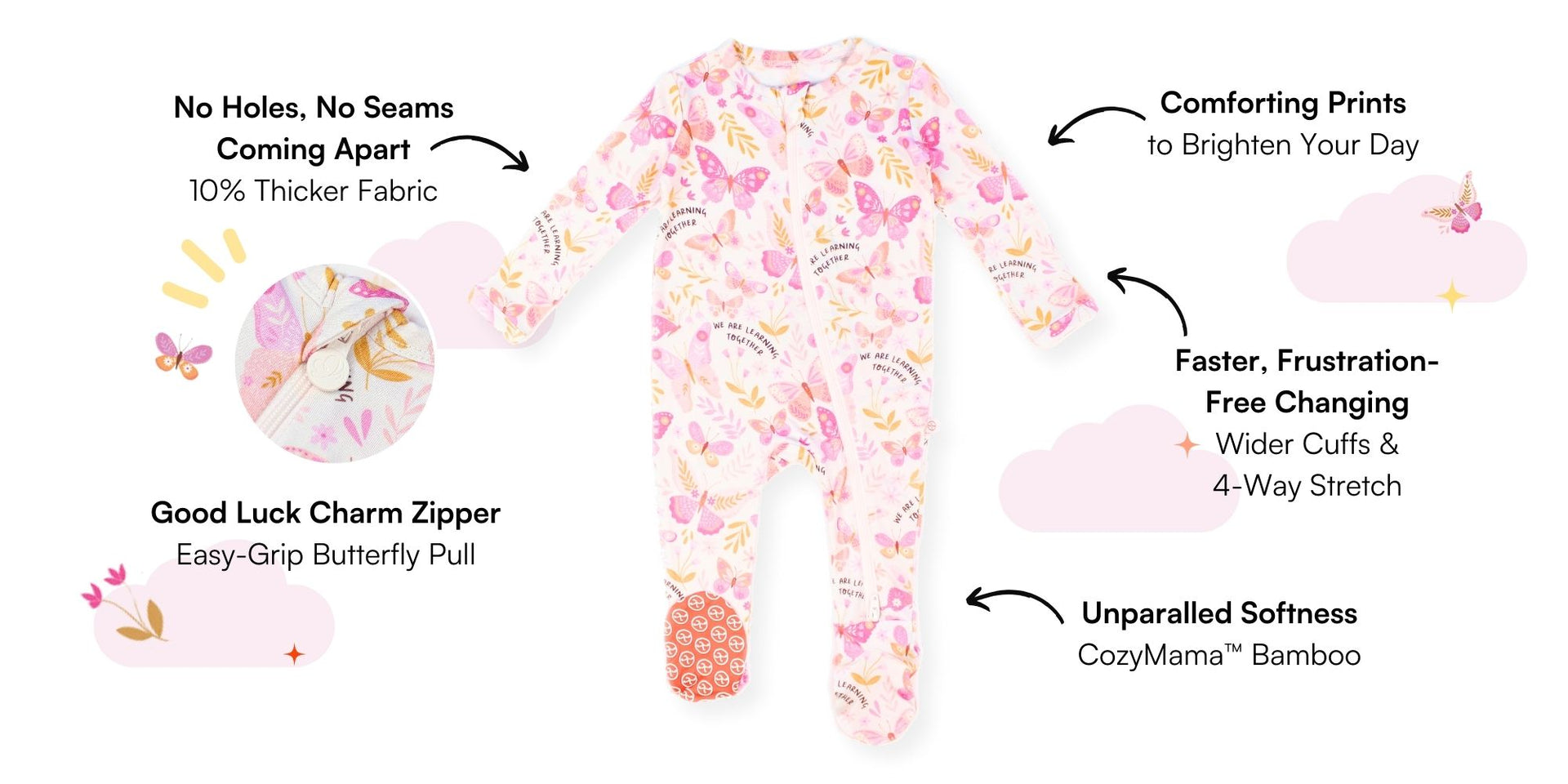 Butterfly Smoochies | Bamboo Footie Onesie Sleeper | "We're Learning ...